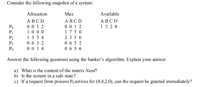 Solved Consider the following snapshot of a system: | Chegg.com Solved Consider the following snapshot of a system: | Chegg.com