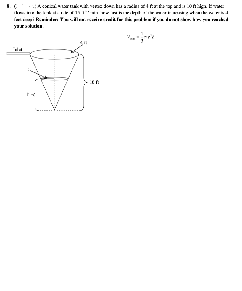 Solved 8. ( 1.) A conical water tank with vertex down has a | Chegg.com
