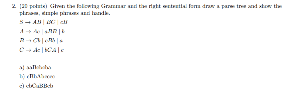 Solved 2. (20 points) Given the following Grammar and the | Chegg.com