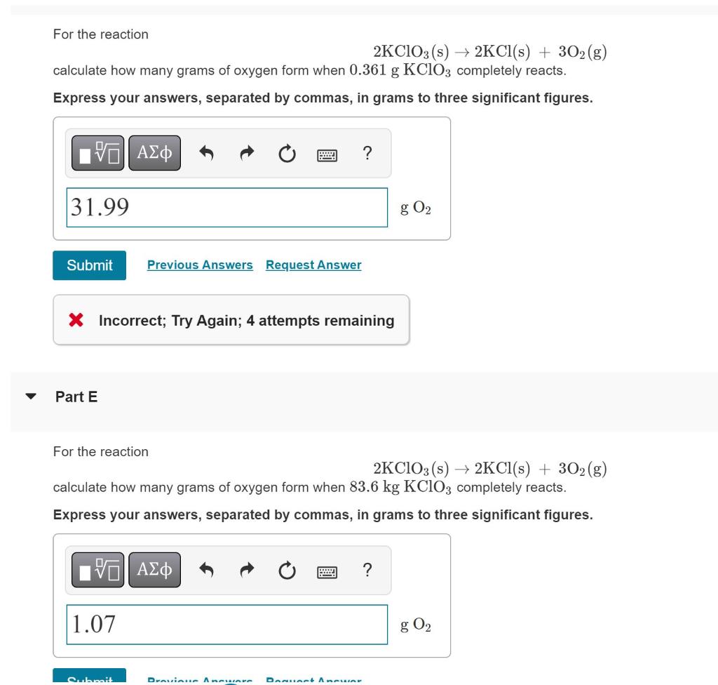 Solved For the reaction 2KClO3( s)→2KCl(s)+3O2( g) calculate | Chegg.com