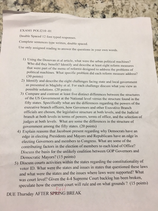EXAMI POL1210 -01 Double Spaced 12 font typed | Chegg.com