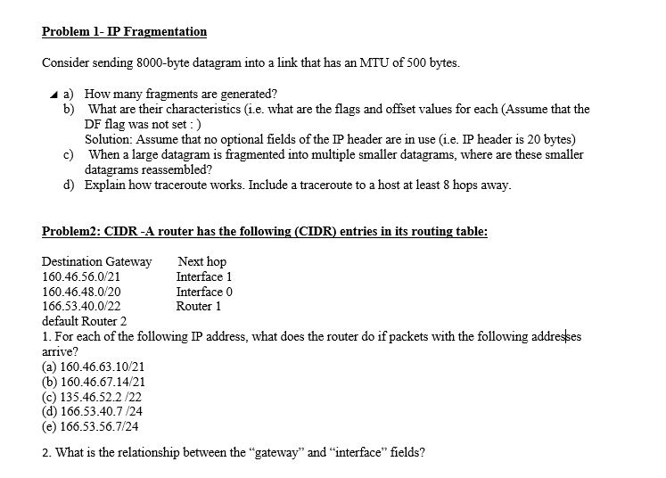 Problem 1- IP Fragmentation Consider sending | Chegg.com