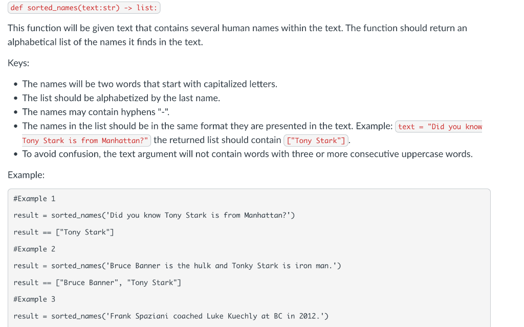Solved def sorted_names (text:str) -> list: This function | Chegg.com