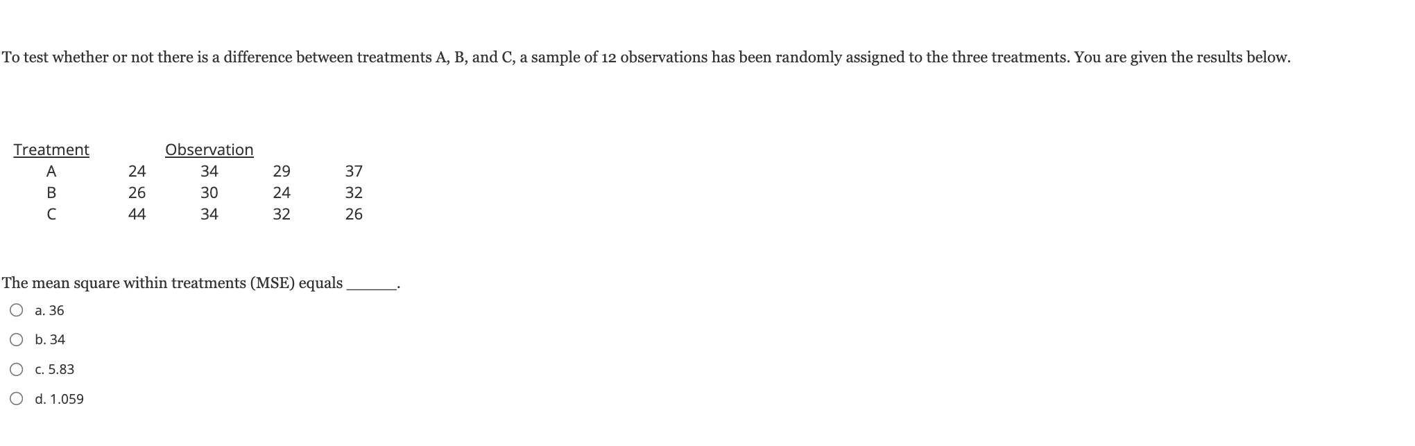 Solved \begin{tabular}{ccccc} Treatment & & Observation & & | Chegg.com