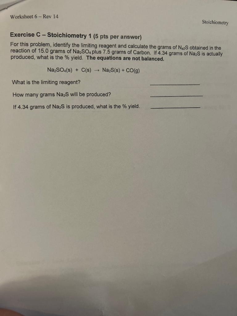 Solved Exercise C-Stoichiometry 1 ( 5 pts per answer) For | Chegg.com