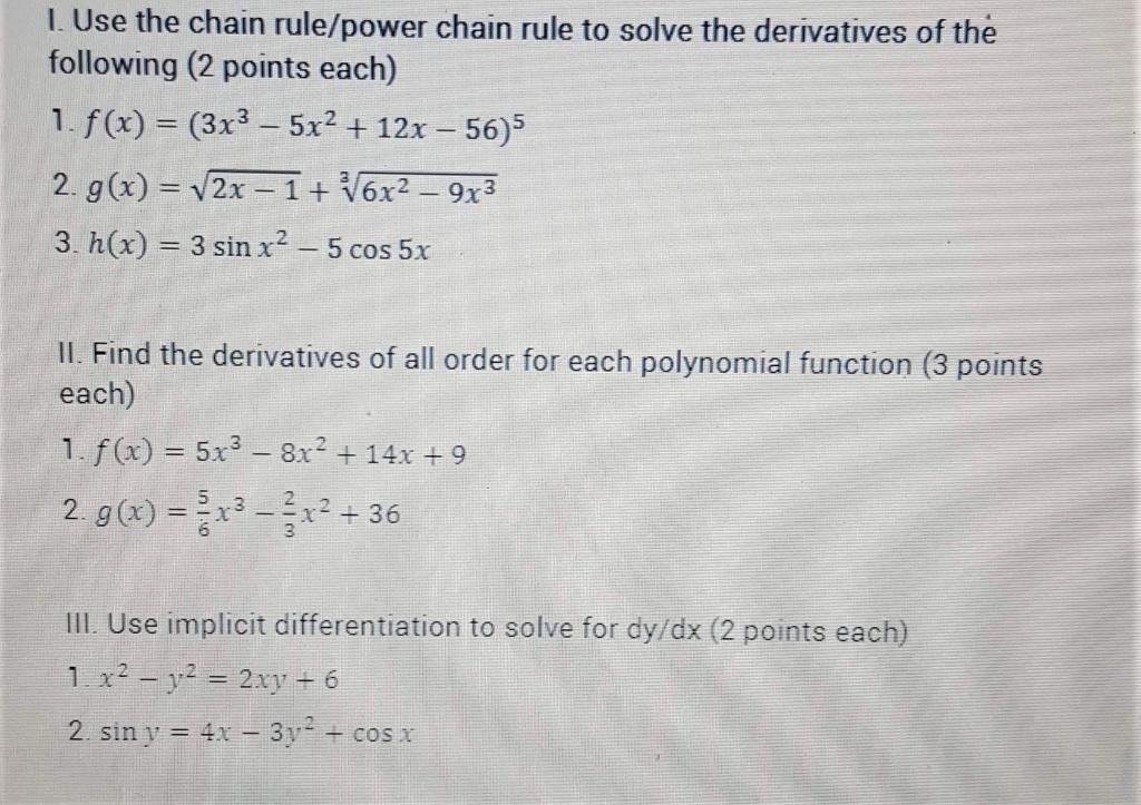 Solved 1. Use the chain rule/power chain rule to solve the | Chegg.com