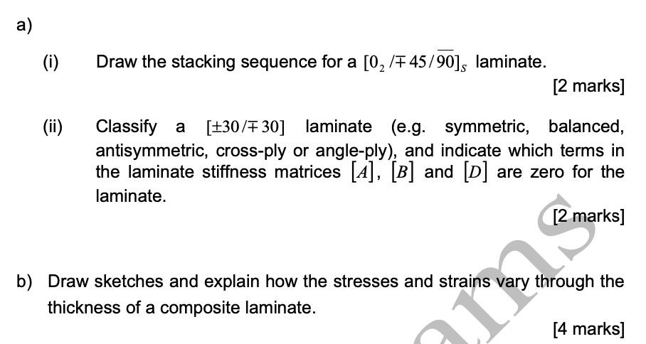 Solved a) (i) Draw the stacking sequence for a [02/∓45/90]S | Chegg.com