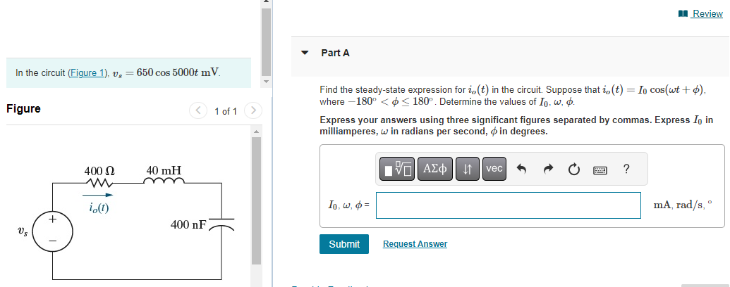 Solved In the circuit (Figure 1), vs=650cos5000tmV. Figure | Chegg.com