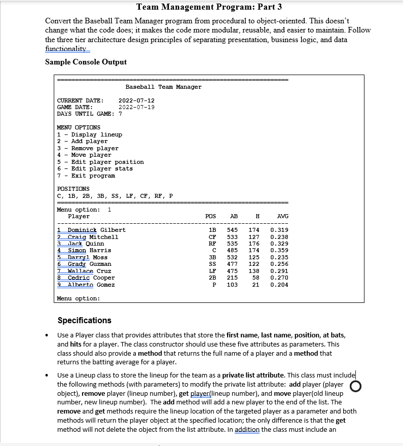 Solved by an EXPERT Team Management Program: Part 3Convert the Baseball | Chegg.com