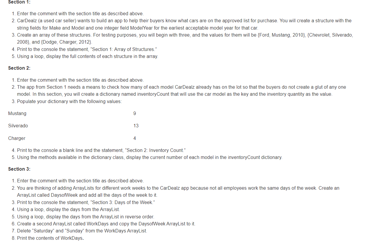 Solved Using C#Section 1:Enter the comment with the section | Chegg.com