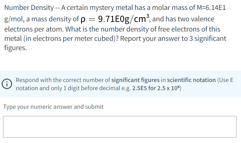 Solved Number Density -- ﻿A certain mystery metal has a | Chegg.com