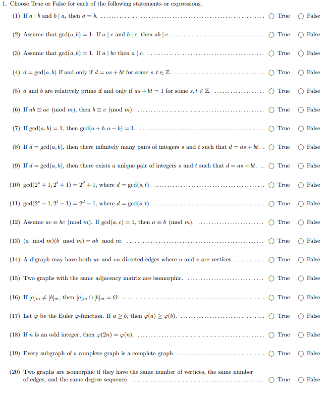 Solved (1) If a∣b and b∣a, then a=b. True False (2) Assume | Chegg.com