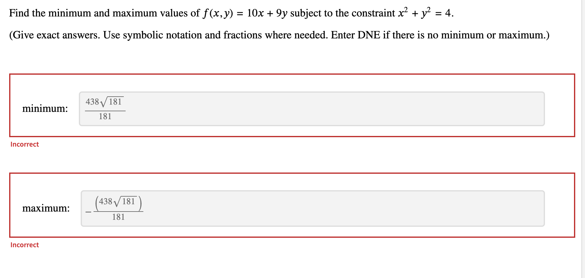 Solved Find the minimum and maximum values of f(x,y)=10x+9y | Chegg.com