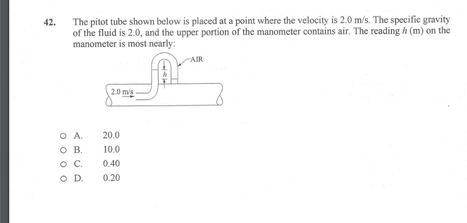 Solved 42. The pitot tube shown below is placed at a point | Chegg.com