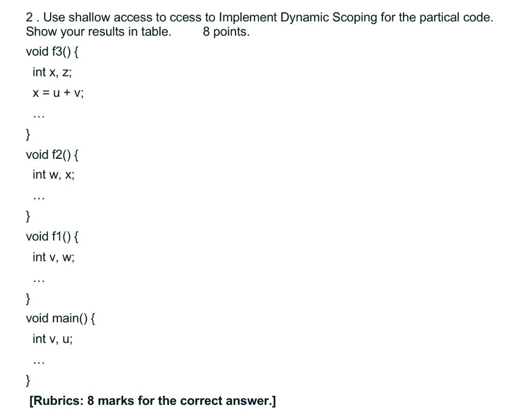 Solved 2. Use shallow access to ccess to Implement Dynamic | Chegg.com