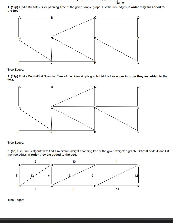 Solved Name 1. (12p) Find a Breadth-First Spanning Tree of | Chegg.com