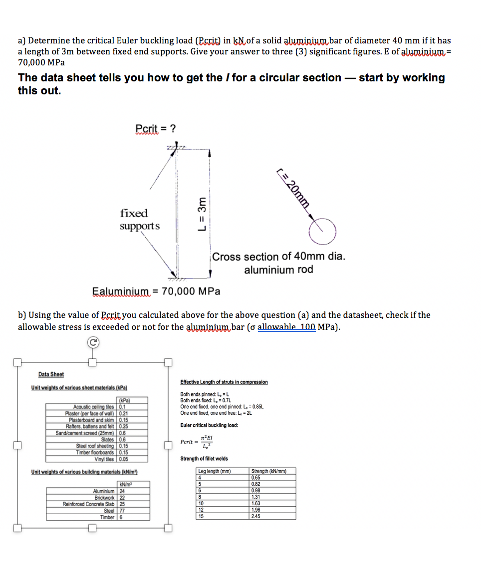 Solved a) Determine the critical Euler buckling load (Pcrit) | Chegg.com