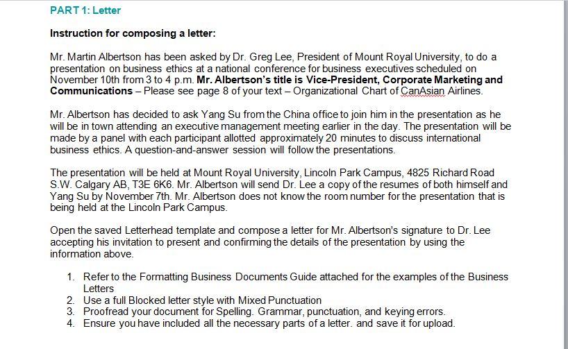 Solved PART 1: Letter Instruction for composing a letter: | Chegg.com