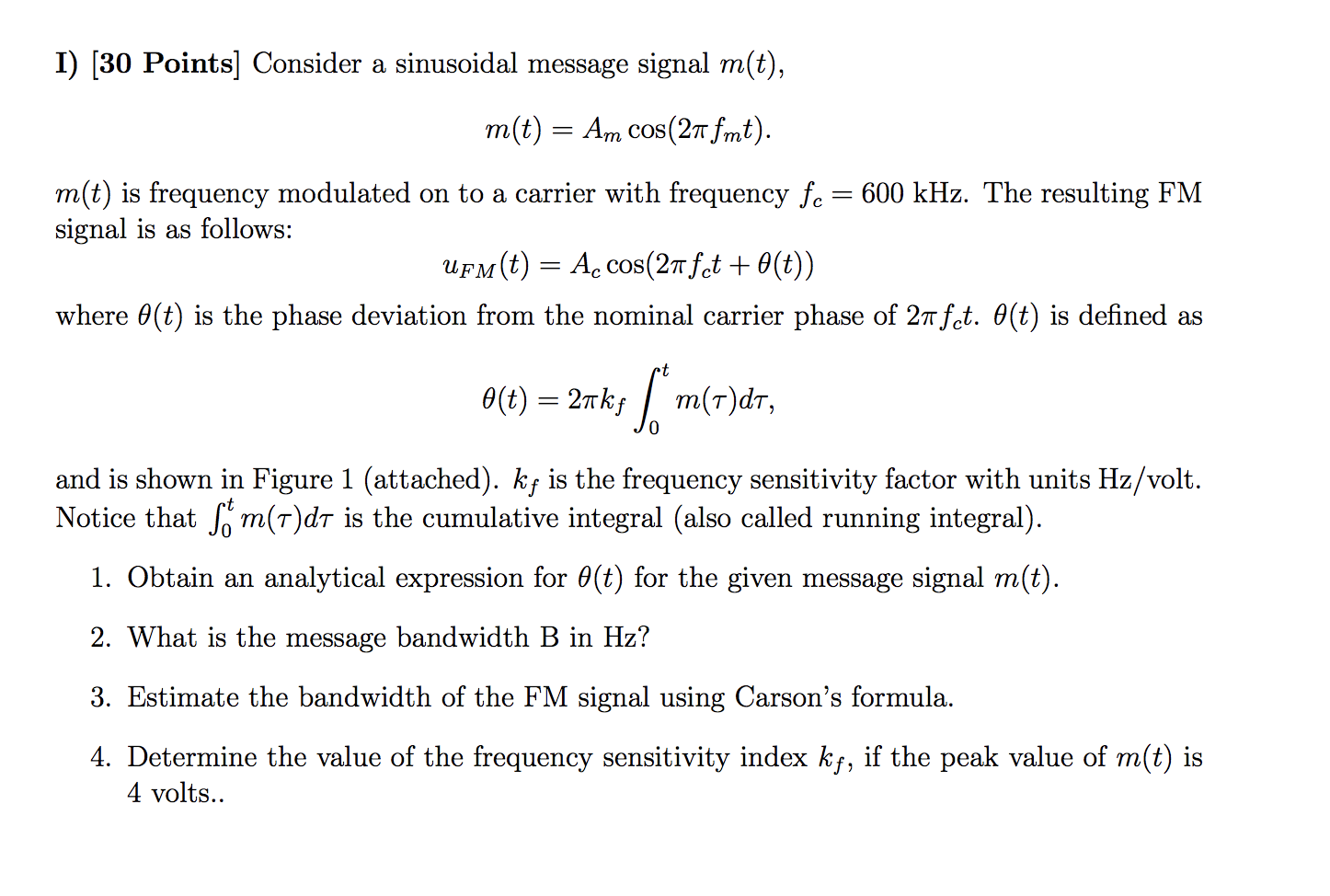 Solved I) [30 Points] Consider a sinusoidal message signal | Chegg.com