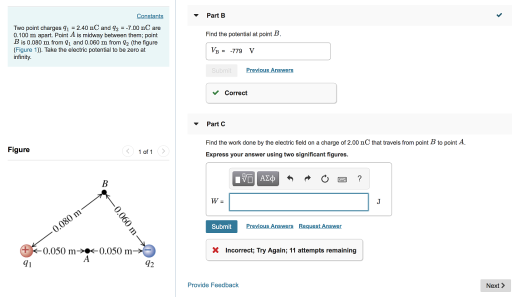 Solved Part B Two point charges q1 -2.40 nC and g2 7.00 nC | Chegg.com Solved Part B Two point charges q1 -2.40 nC and g2 7.00 nC | Chegg.com