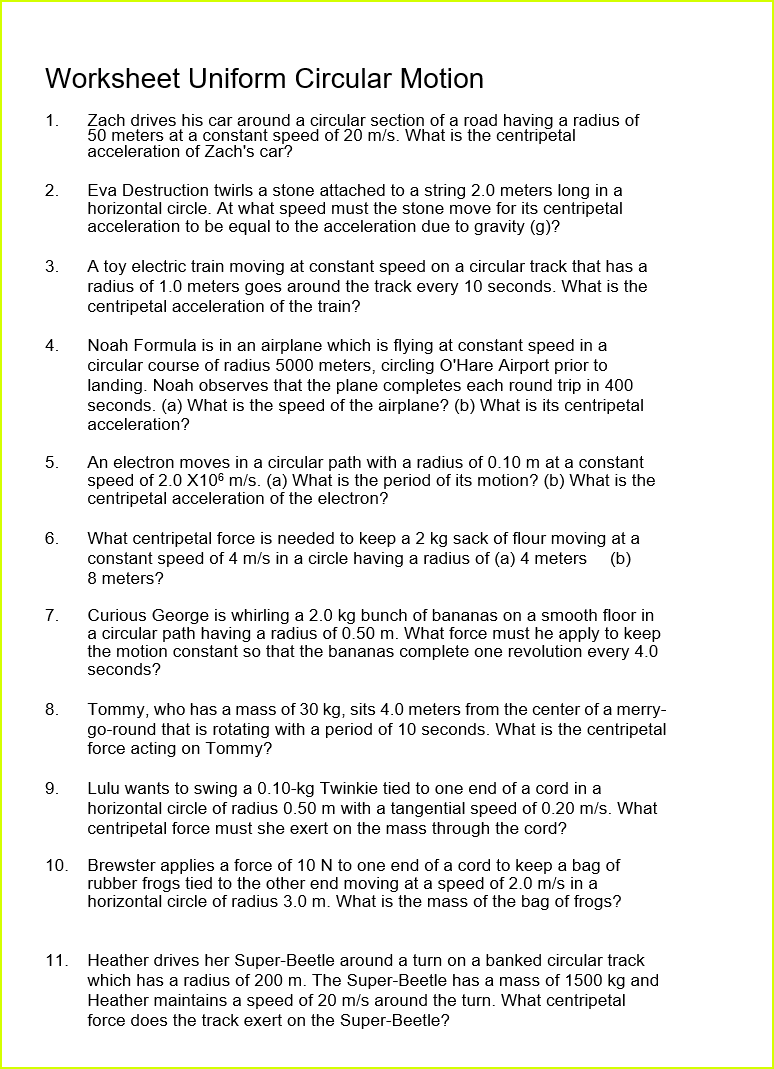 Uniform Circular Motion Worksheet