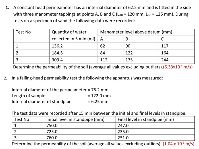 Solved A constant head permeameter has an internal diameter | Chegg.com
