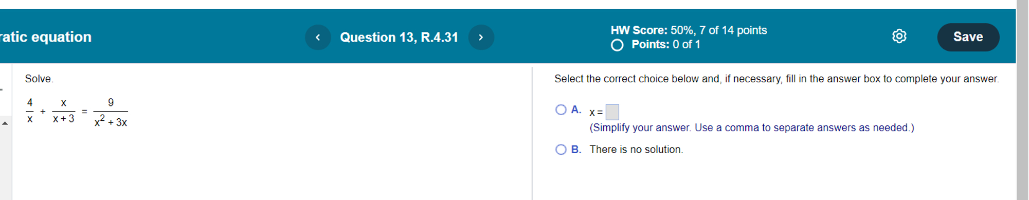 Solved Solve.4x+xx+3=9x2+3xSelect the correct choice below | Chegg.com