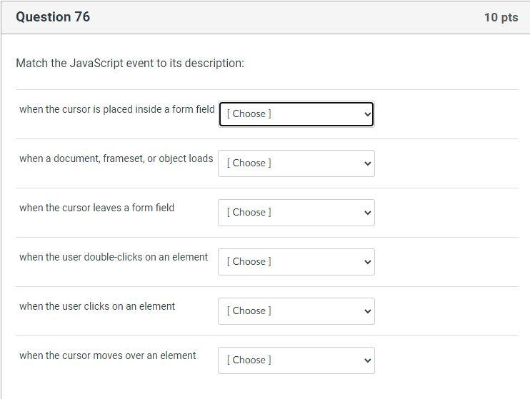 Solved Match the JavaScript event to its description: when | Chegg.com