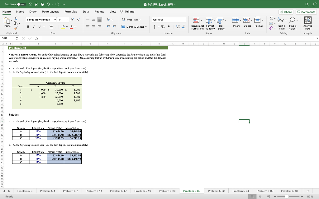 Solved AutoSave OF AvG... PV_FV_Excel HW Home Insert Draw | Chegg.com