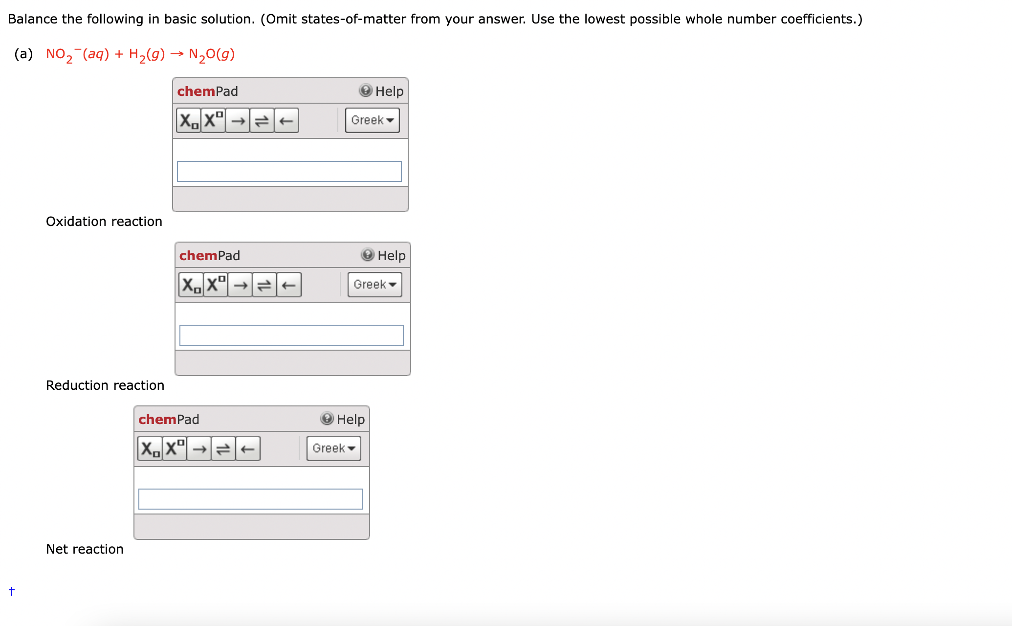 NO2−(aq)+H2(g)→N2O(g) Oxidation reaction Reduction | Chegg.com