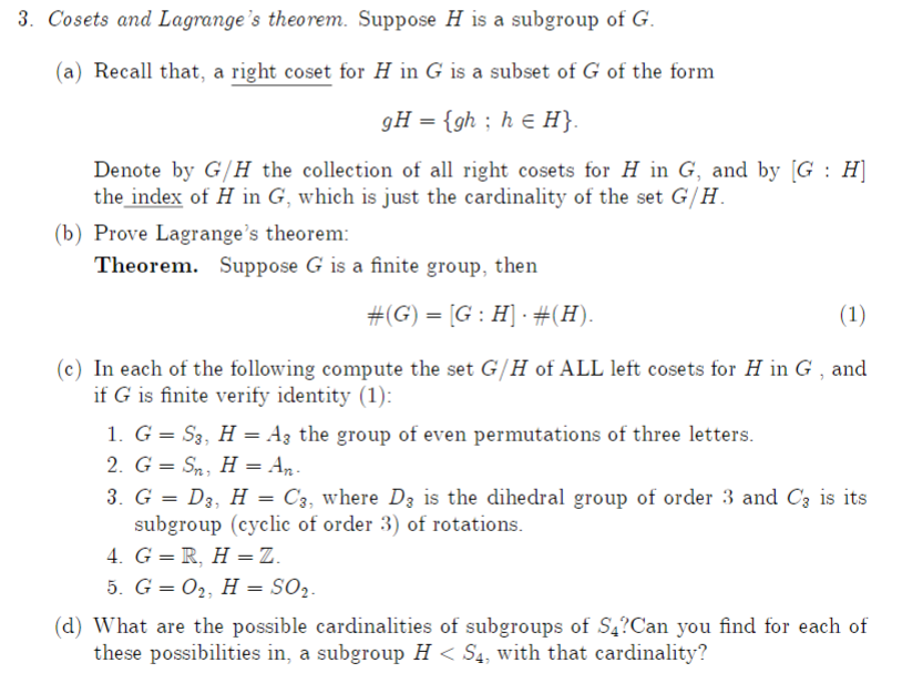 Solved 3. Cosets and Lagrange's theorem. Suppose H is a | Chegg.com