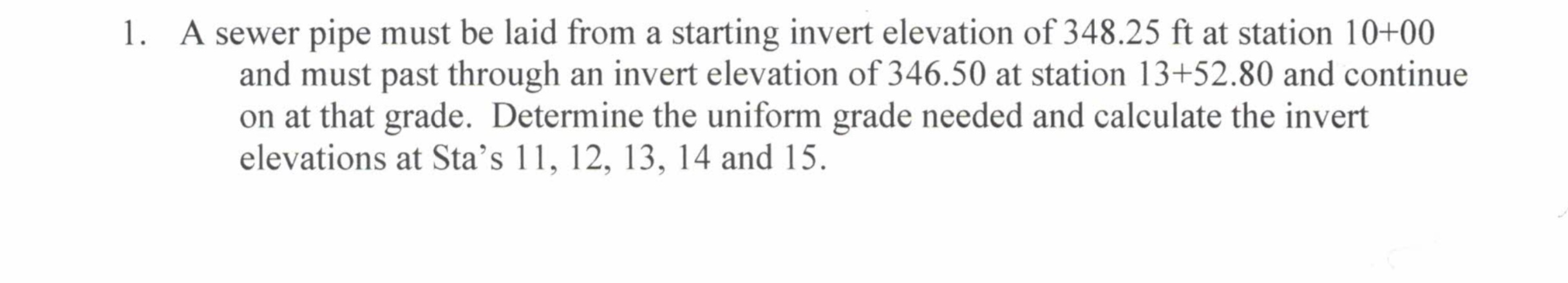 Solved 1. A sewer pipe must be laid from a starting invert | Chegg.com