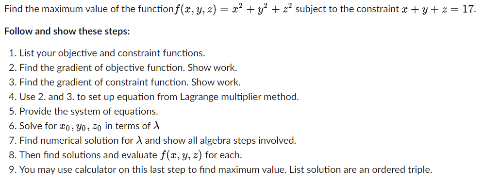 Solved Find The Maximum Value Of The Function F X Y Z