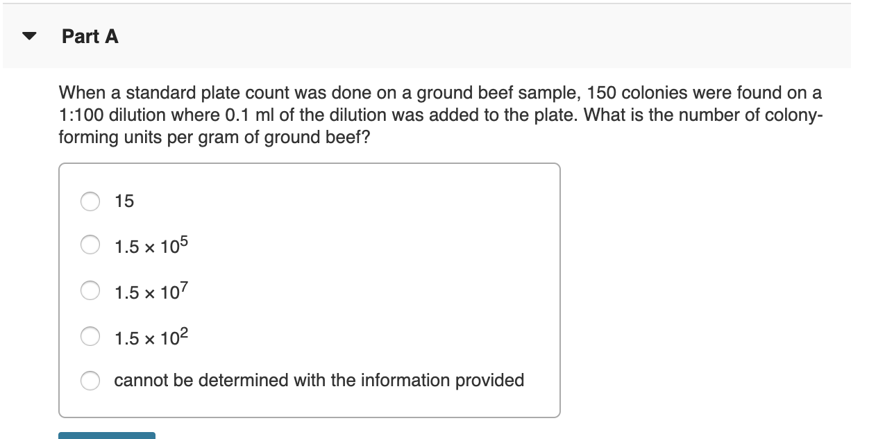Solved Part A When a standard plate count was done on a | Chegg.com