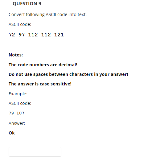 Solved QUESTION 9 Convert following ASCII code into text. | Chegg.com