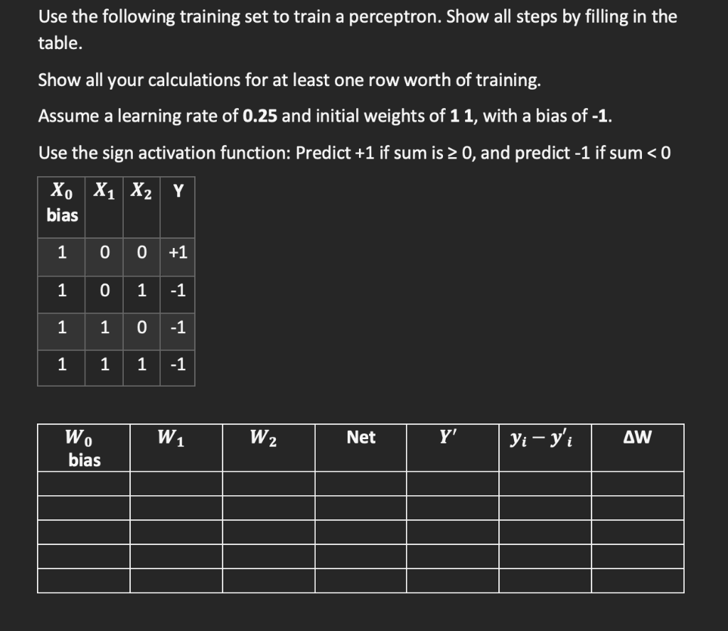 Solved Use the following training set to train a perceptron. | Chegg.com