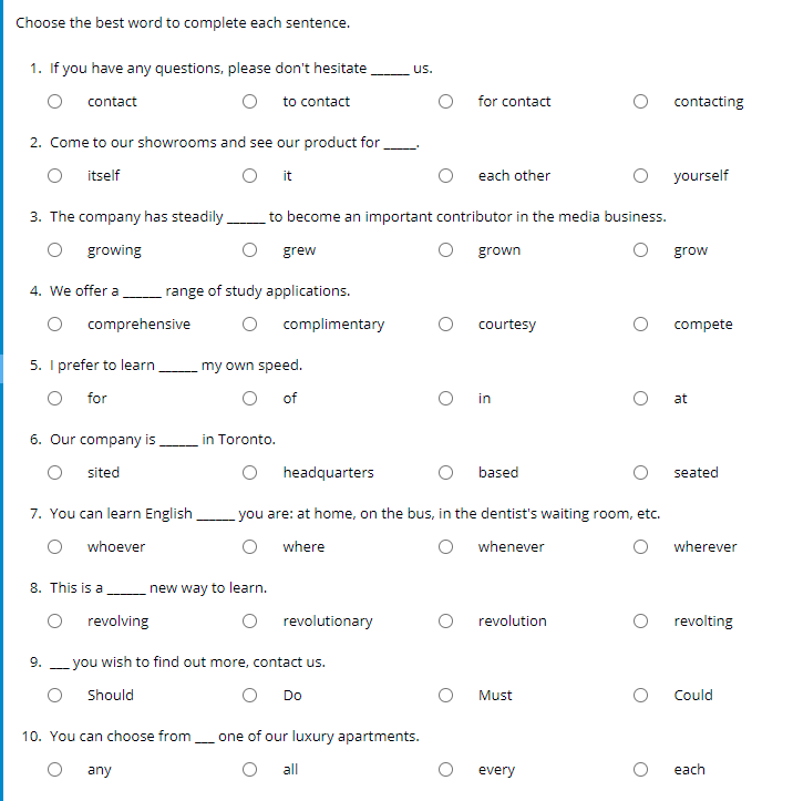 Solved Choose The Best Word To Complete Each Sentence Us Chegg
