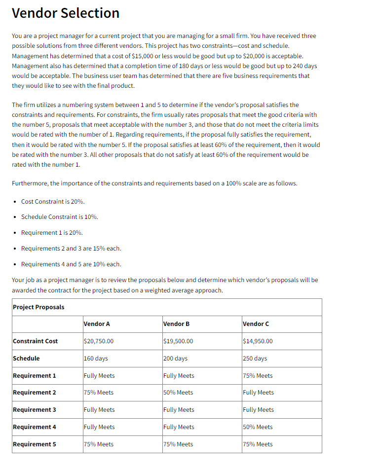 Solved Vendor SelectionYou are a project manager for a | Chegg.com