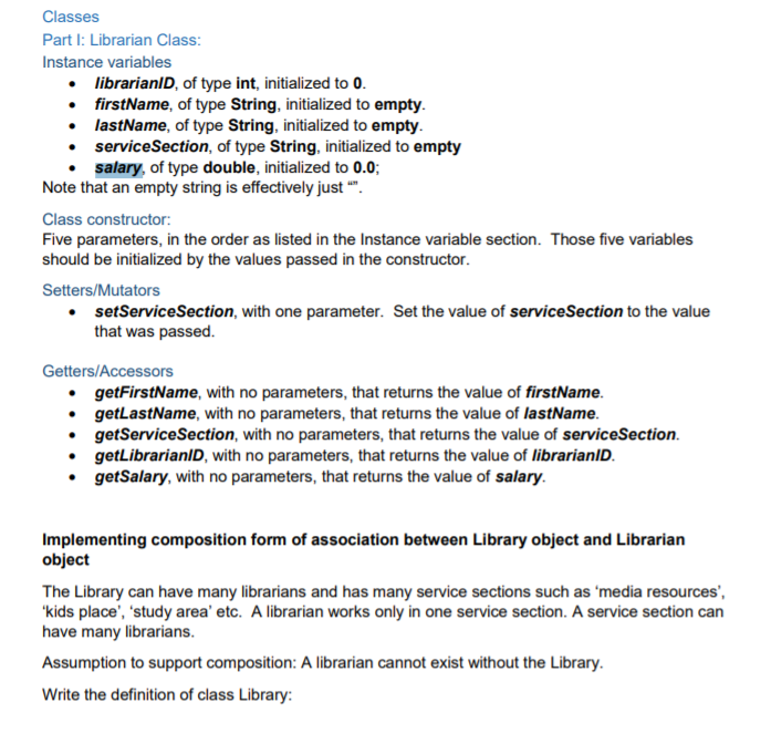 Solved Library Class Instance variables myLibrarians, an | Chegg.com