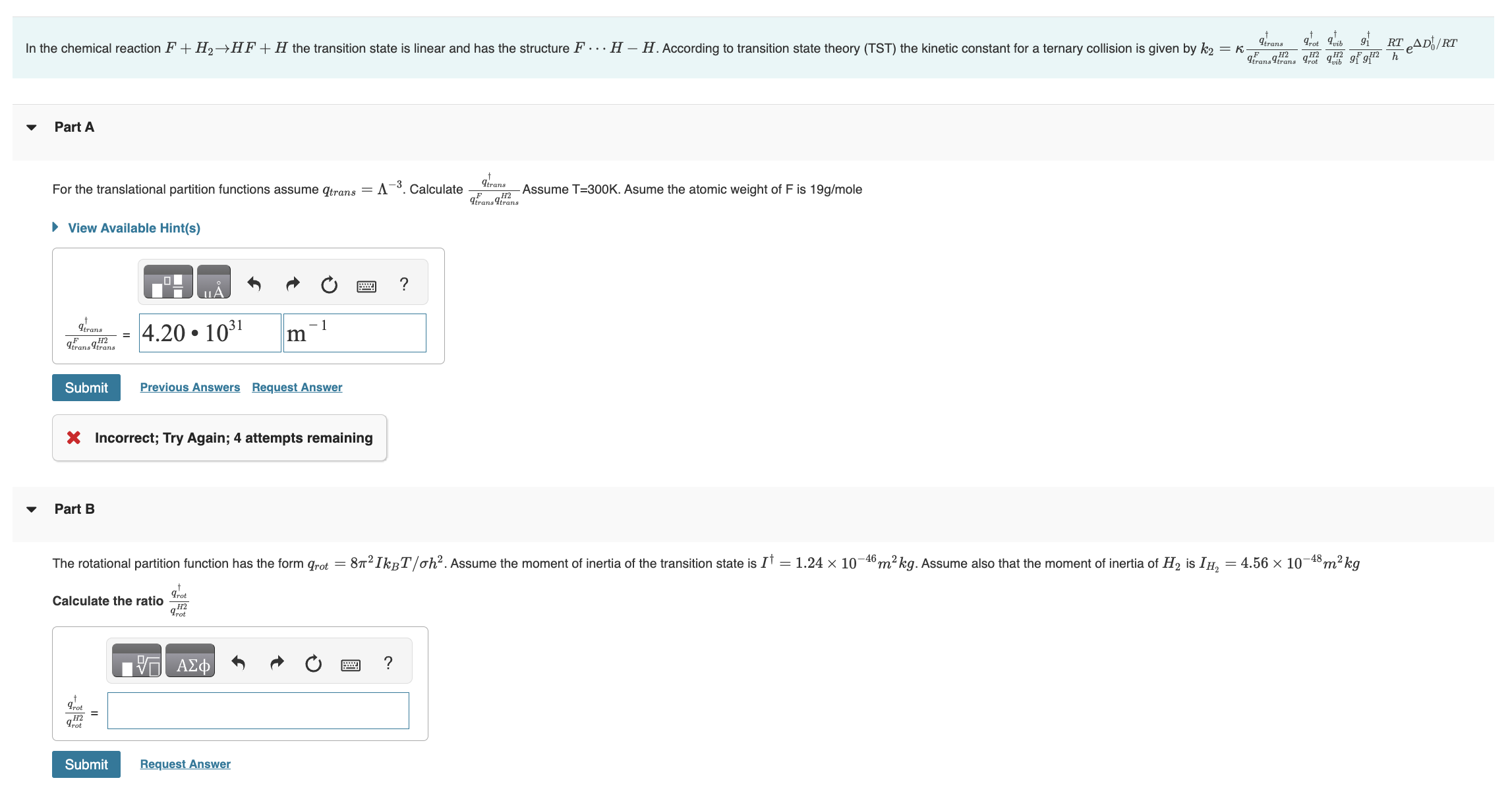 Solved Part A Incorrect; Try Again; 4 attempts remaining | Chegg.com