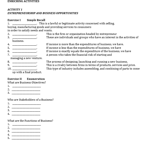 Solved ENRICHING ACTIVITIES ACTIVITY 1 ENTREPRENEURSHIP AND | Chegg.com