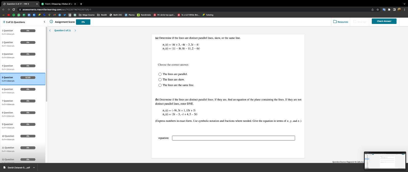 Solved (a) Determine if the lines are distinct parallel | Chegg.com
