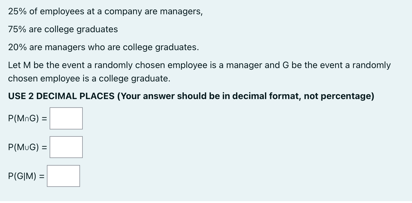 Solved 25 Of Employees At A Company Are Managers 75 Are Chegg