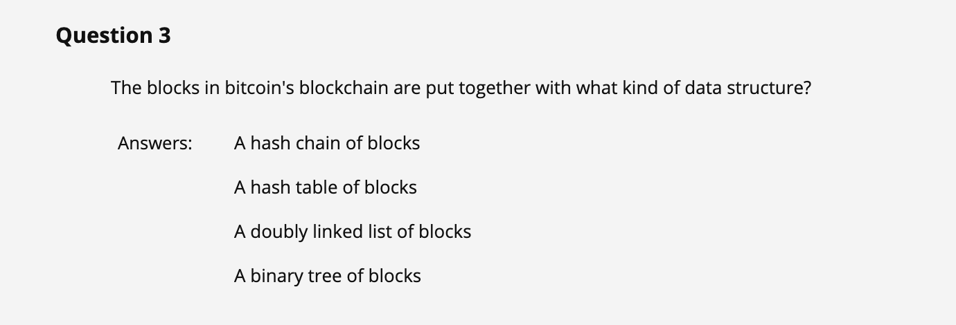 Solved Question 1 Each block in bitcoin's blockchain is | Chegg.com