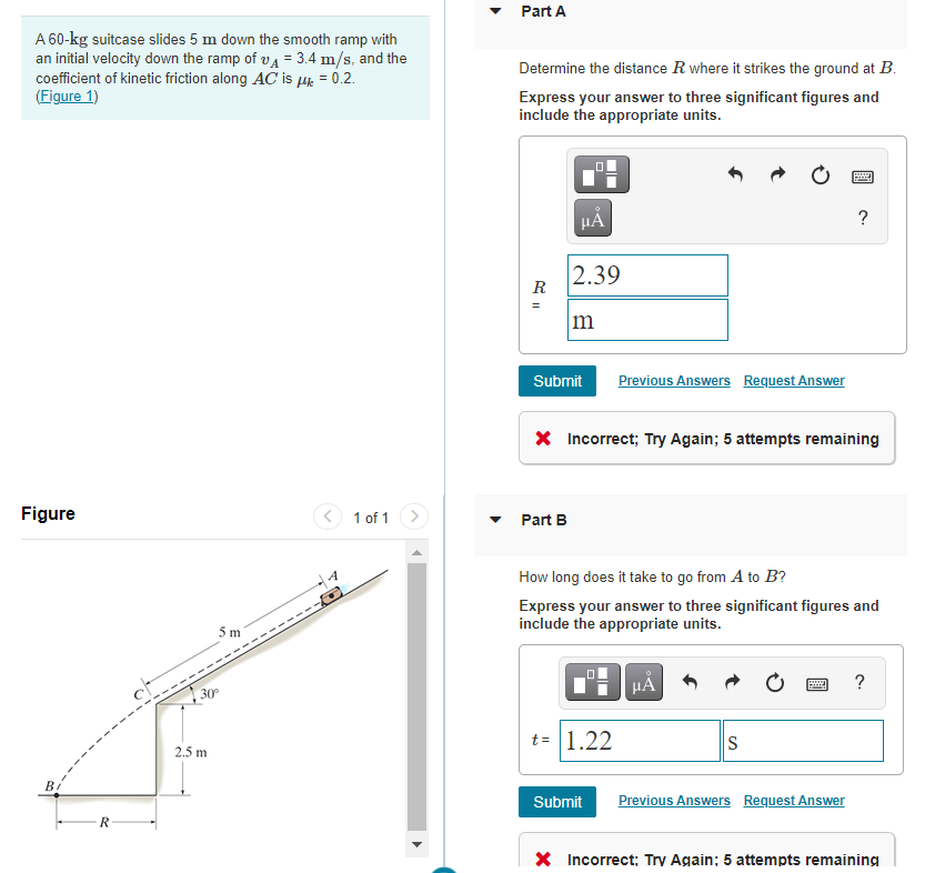 Solved Part A A 60-kg suitcase slides 5 m down the smooth | Chegg.com