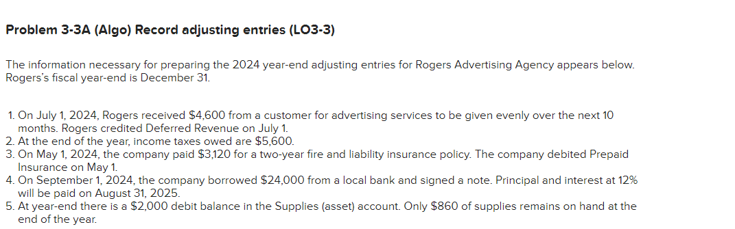 Solved Problem 3-3A (Algo) Record adjusting entries (LO3-3) | Chegg.com