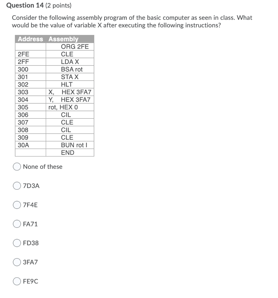 Solved Question 14 (2 points) Consider the following | Chegg.com