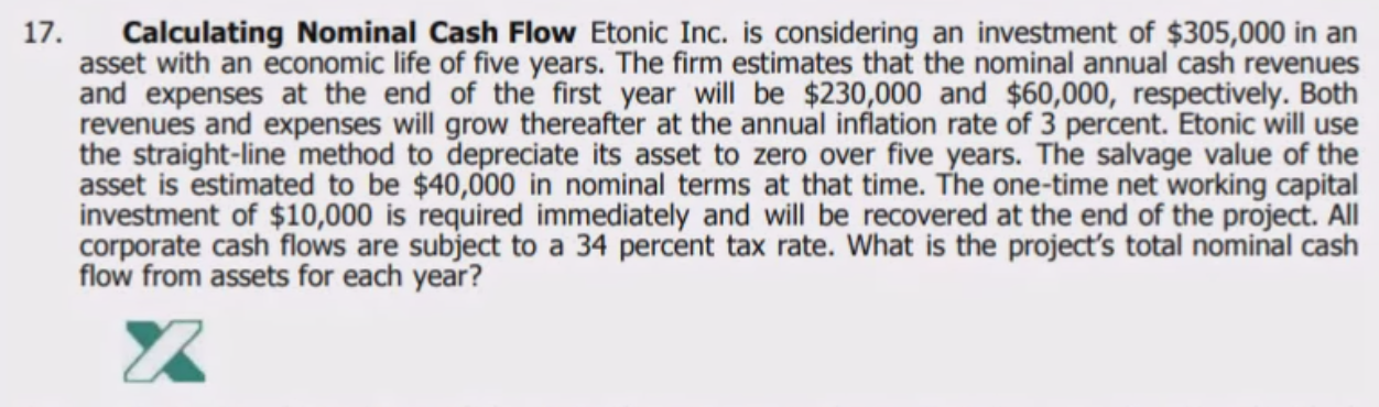 Solved 17. Calculating Nominal Cash Flow Etonic Inc. is | Chegg.com