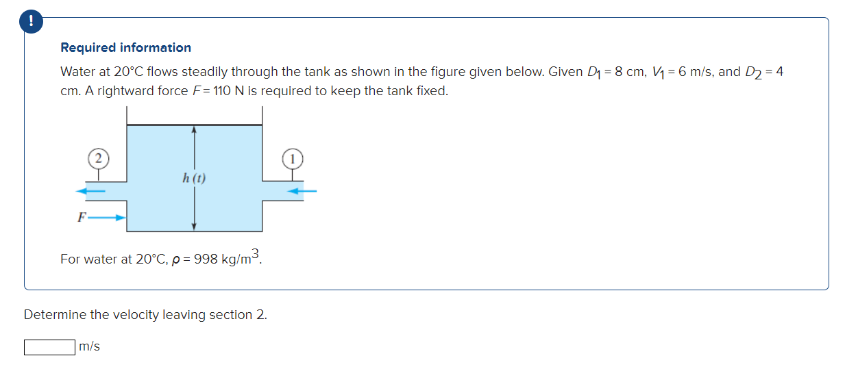 Solved Water at 20∘C flows steadily through the tank as | Chegg.com