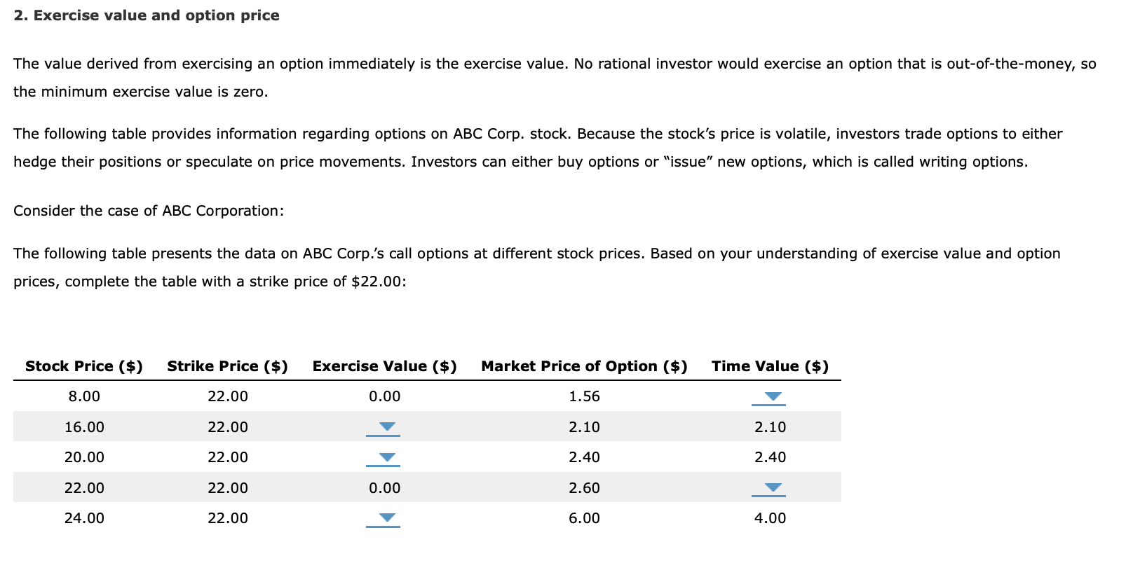 Solved 2. Exercise value and option price The value derived | Chegg.com